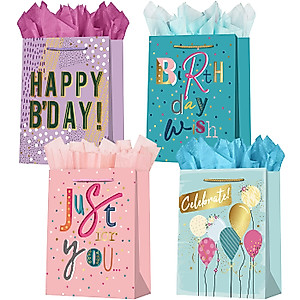 WLUSEAXI 4Pack Birthday Gift Bag with Tissue Paper,12.6×4.7×10.2 Inch Large Birthday Gift Bag with Handles,Happy Birthday Bags for Girls,Boys,Kids,Women’s Birthdays Party