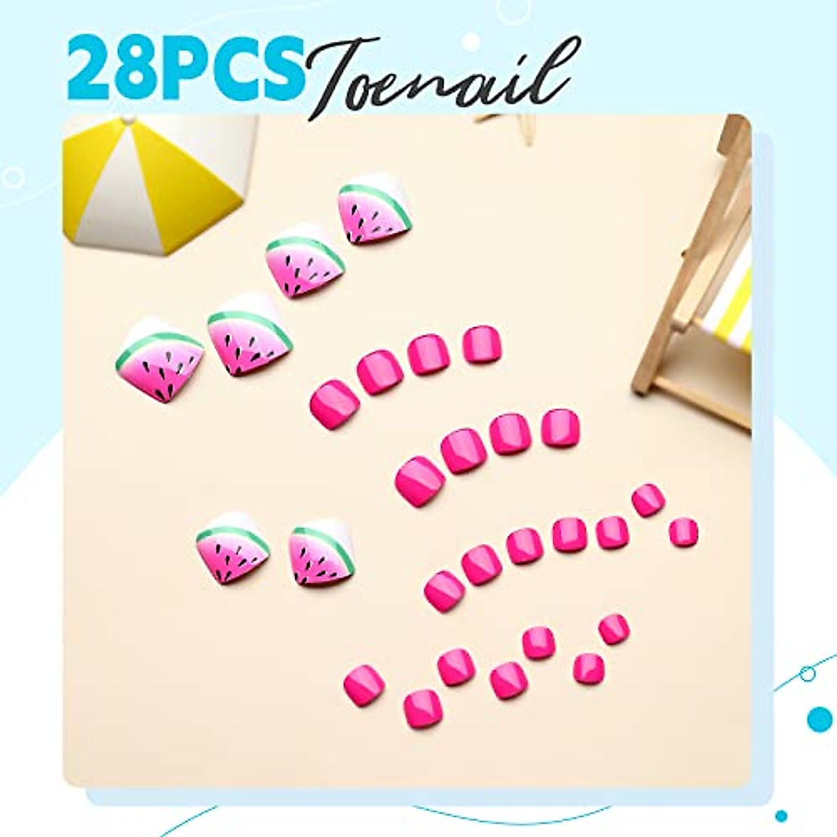 Artquee 28pcs Hot Pink Press on Toenails Short with Watermelon Design Fake Toes Nails Square Glossy Full Cover False Toe Nails Kit for Women in 14 Sizes