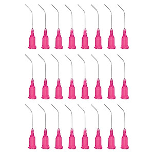 HARFINGTON 24pcs Blunt Tip Dispensing Needle 25 Gauge 1 Inch Screw Interface Bent Flow Design Bent Dispensing Tips with Luer Lock for Adhesive Glue Dispensing, Red