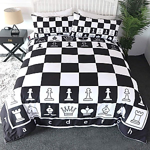 Sleepwish Check Chessboard Duvet Cover Twin Size Black & White Chess Pieces Bedding Set 3 Pieces Classic Checkered Pattern Modern Comforter Cover Sets