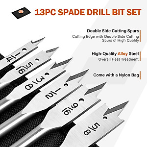 KENDO 13-Piece Spade Drill Bit Sets, Alloy Steel Paddle Flat Bit with Quick Change Shank, Flat Wood Hole Cutter Fit for Woodworking, Assorted Bits with Nylon Storage Pouch, 1/4" to 1-1/2"
