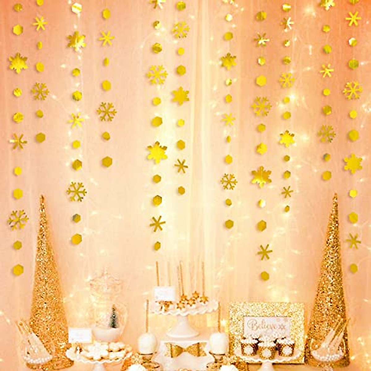 52 Ft Gold Snowflakes Garland Paper Streamer Banner Backdrop for Winter Christmas Frozen Birthday Wedding Bridal Shower Baby Shower Xmas New Year Winter Wonderland Party Decorations Supplies