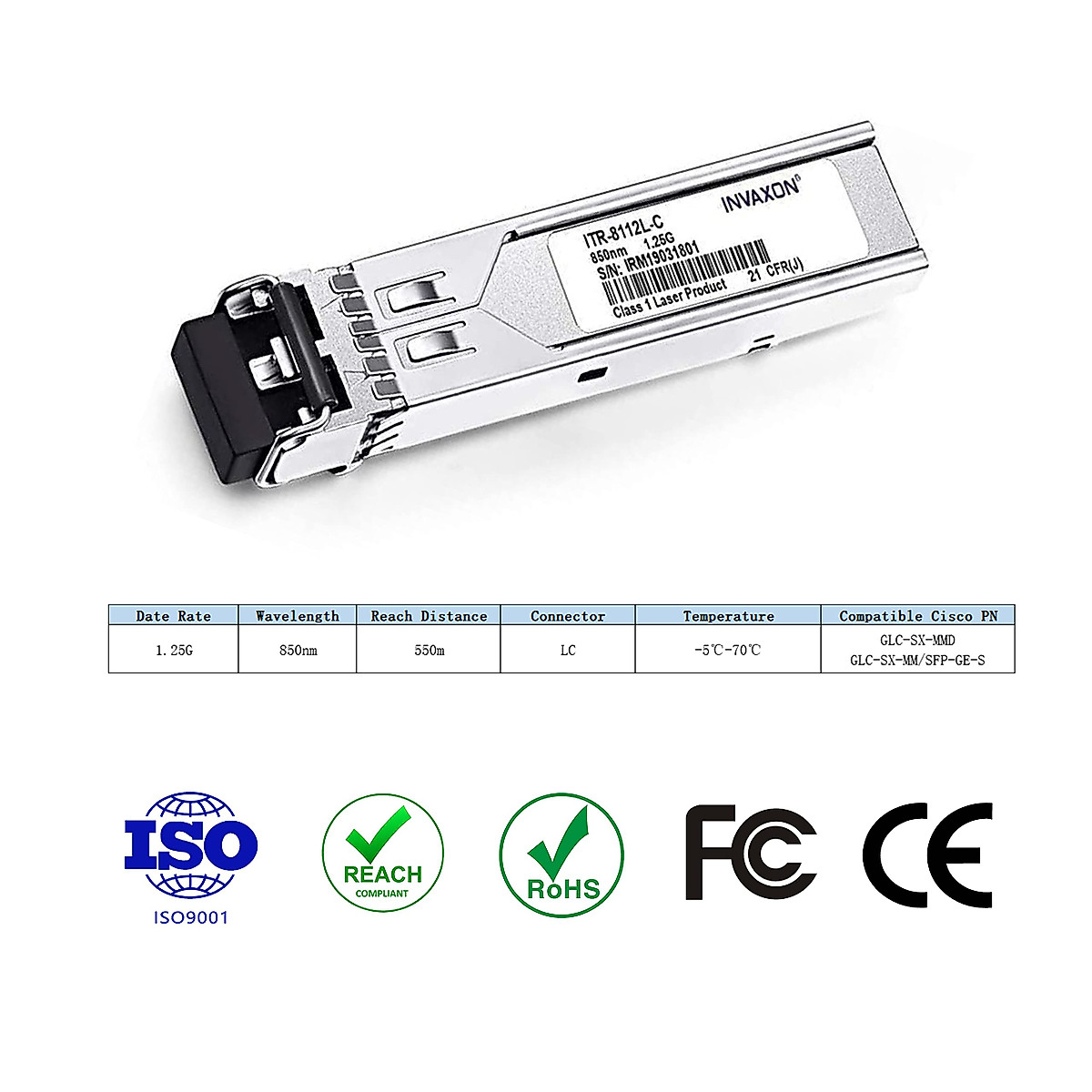 INVAXON 10Pack GLC-SX-MMD/GLC-SX-MM/SFP-Ge-S, 1 Gigabit SFP Transceiver 1000BASE-SX, 850nm, 550m DDM/Dom Fuction