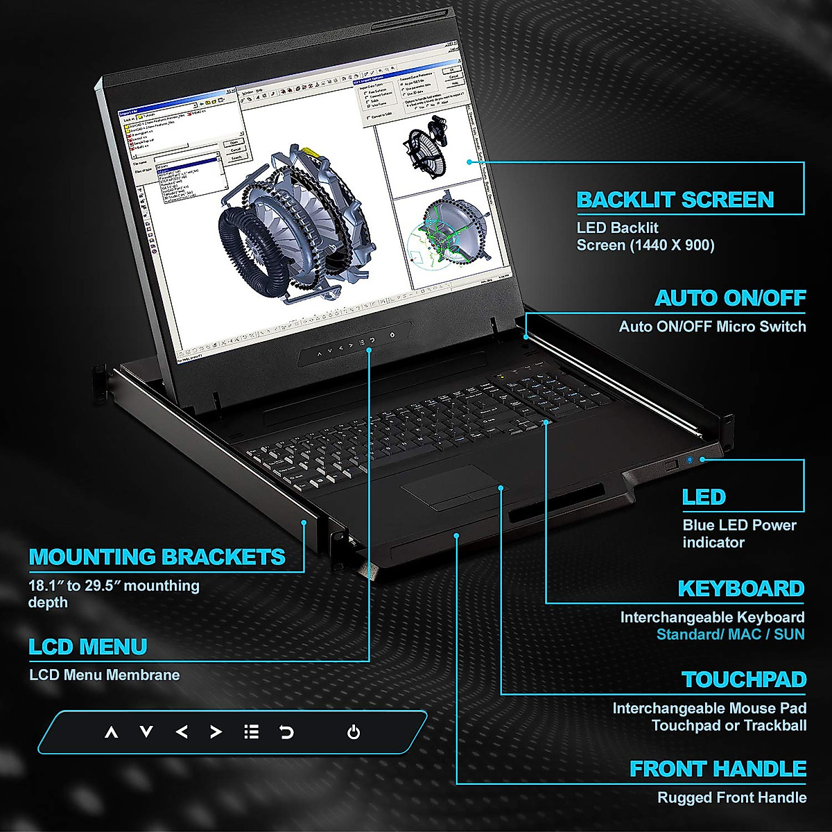 Crystal Image Technologies - Rackmount Console - 1U 19" Rackmount Monitor, 1440 X 900 Resolution, VGA + HDMI Input (Part#RM-111-19WH) includes 3 Year Warranty