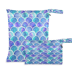AUUXVA Wet Dry Bags Set Blue Purple Mermaid Scale,Cloth Diaper Wet Bag Waterproof Reusable with Two Zippered Pockets for Travel Beach Pool Swimsuits Wet Clothes,2pcs