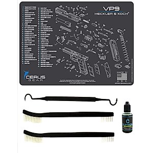 Heckler & Koch VP9 5 PC EDOG Cerus Gear Schematic (Exploded View) Heavy Duty Pistol Cleaning 12x17 Padded Gun-Work Surface Protector Mats Solvent & Oil Resistant & 3 PC Cleaning Essentials & Clenzoil
