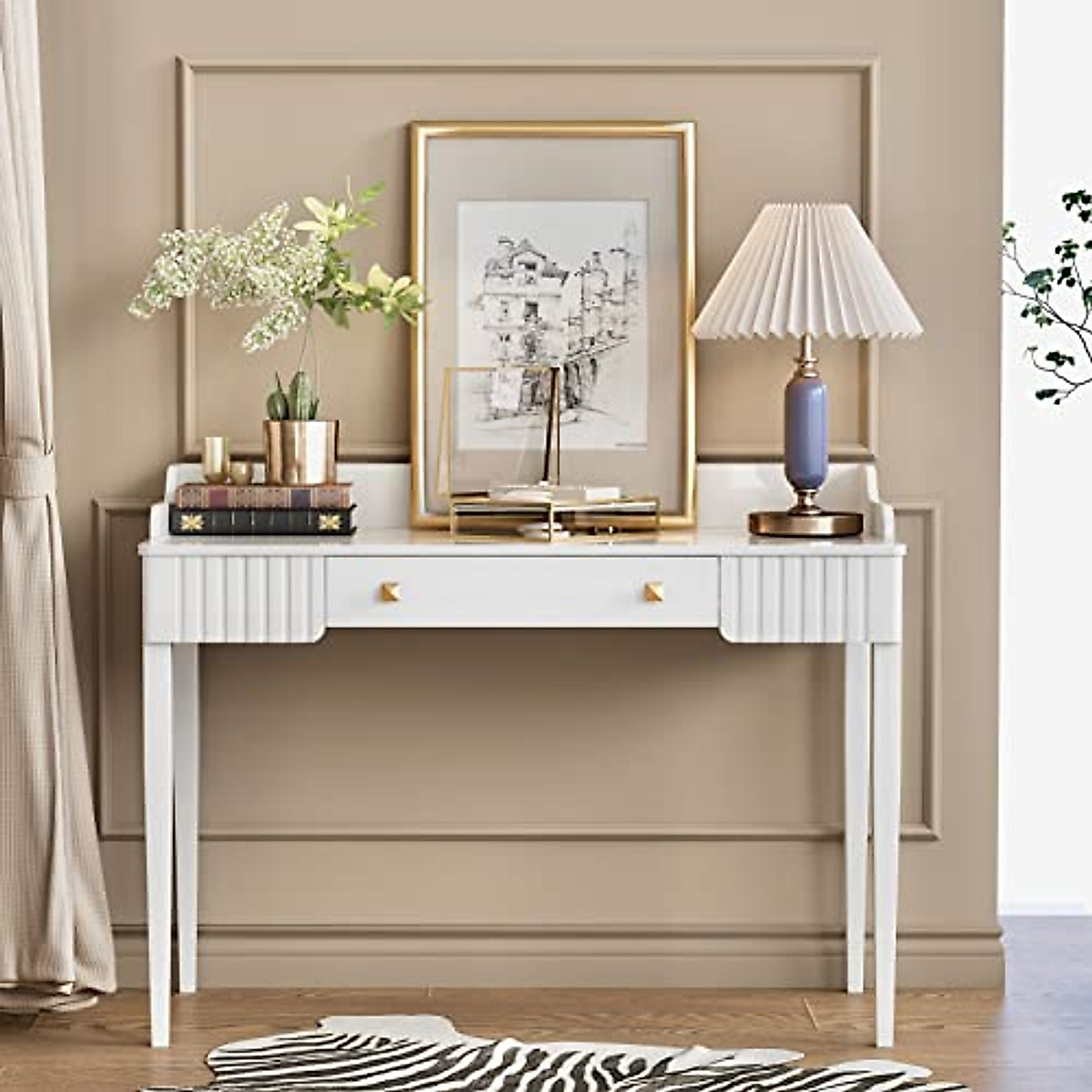 ukorua White Vanity Desk Wooden Desk with Drawer Modern Desk Computer Desk White Makeup Table with Gold Handle (White)