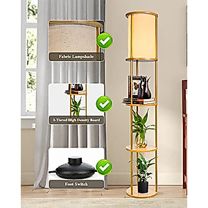 Floor Lamp with Big Shelves,3-Tier Golden Cylinder Shelf Floor Lamps with 3000K Warm Soft Brightness E26 LED Bulb (Included), Linen Shade Storage Wood Texture Modern Floor Lamp with Foot switch