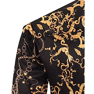 Bolcguri Mens Black Gold Chain Dress Shirts Luxury Baroque Print Long Sleeve Button Up Buchona Silky Shirt S