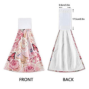 Qilmy Rose Butterfly Kitchen Towel with Hanging Loop, Absorbent Hand Towel Dish Cloth for Kitchen Bathroom Farmhouse Housewarming Home Decor 12 x 17 Inch