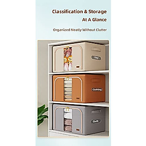 Large Capacity Clothes Storage Bags - Foldable clothing Storage Bins with Foldable Metal Frame, Zipper, Handles, Windows, for clothes and blanket - Underbed storage containers (24L, Cotton)