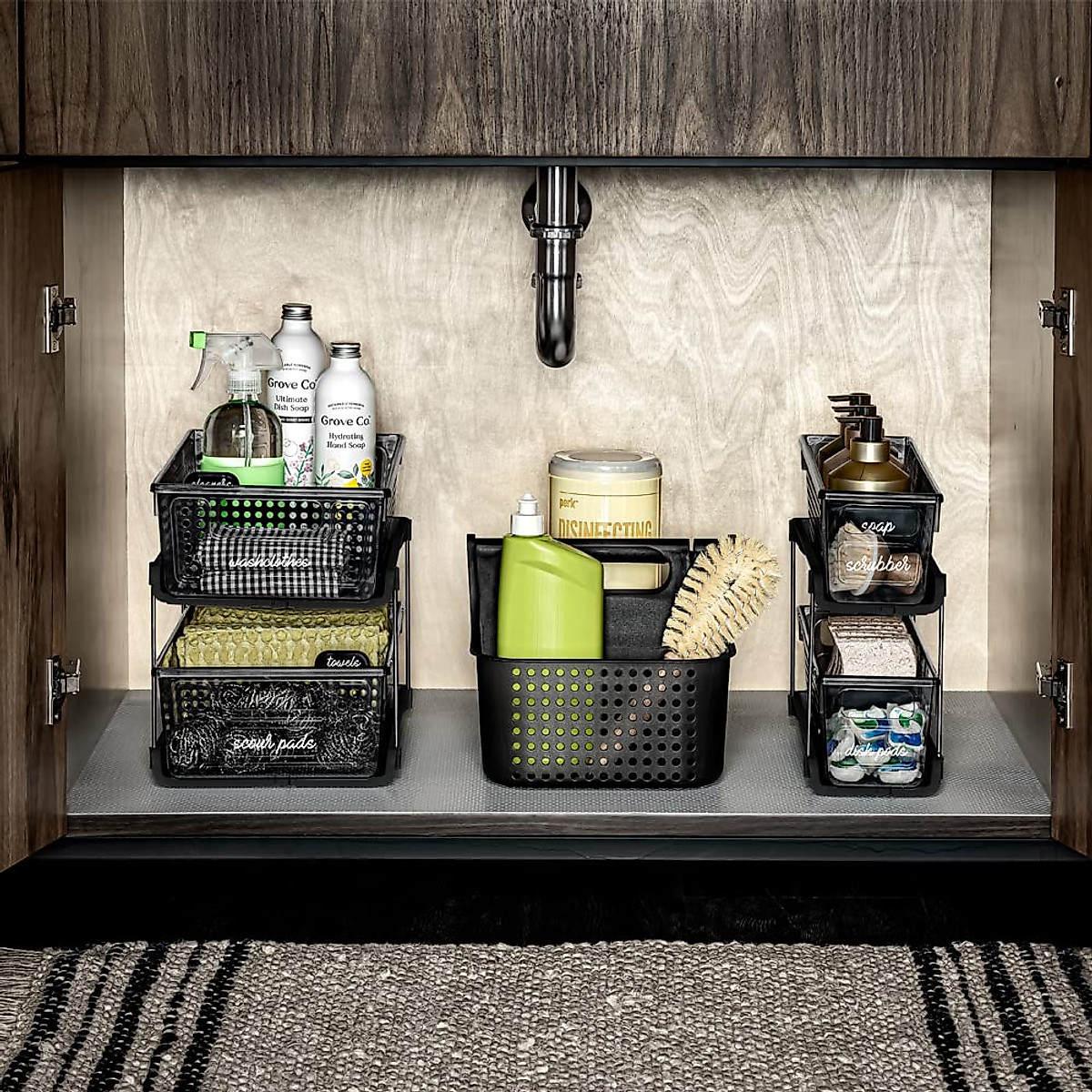 madesmart 2-Tier Plastic Multipurpose Organizer with Divided Slide-Out Storage Bins, Compact Under Sink and Cabinet Organizer Rack, Smoke