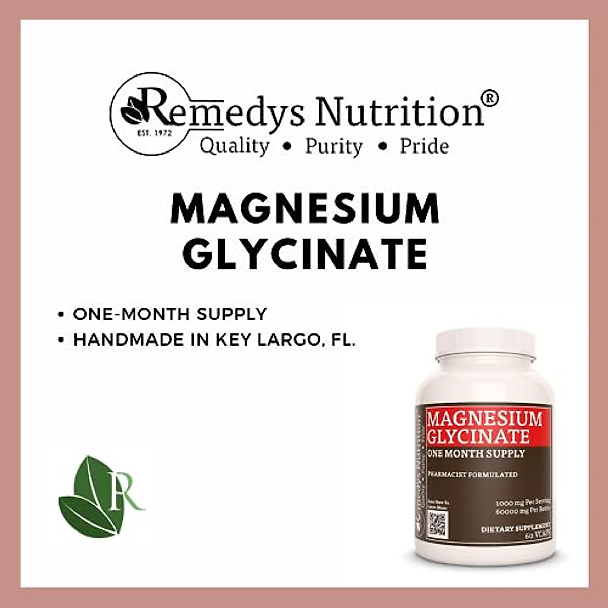 Remedy's nutrition Magnesium Glycinate Supplement with Alfalfa Leaf, Watercress & Nettle Leaf 1,000mg Vegan Capsules - Non-GMO, Gluten Free, Dairy Free - Two Month Supply (60 Count)