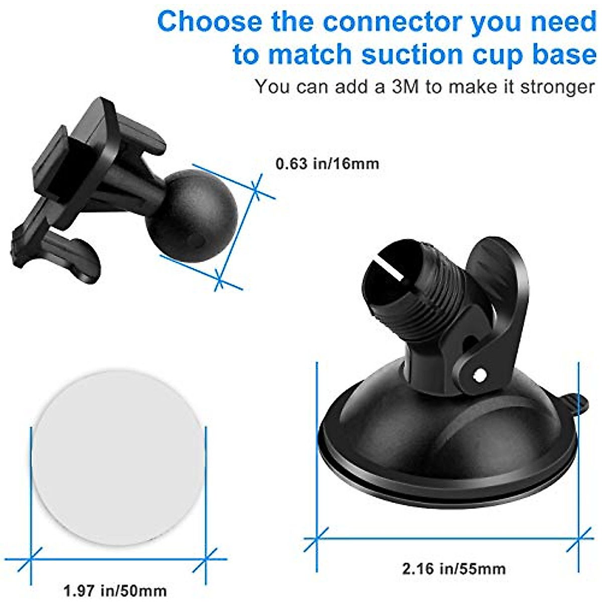 QveeQ Dash Cam Suction Cup Mount Compatible with Crosstour, APEMAN, YI 2.7", Z-Edge Z3 3" and Most Other Dash Cam with 16 Different Points, 3 x Glue Double Sided Adhesive Tapes, 3 Wipes(Dry and Wet)