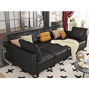 EASE MOOSE Modular Sectional Sofa Sleeper Couch with Storage, 8 Seat Faux Leather sectional Modular Sofa Large Moduar Sleeper Sofa Black Sectional Sofa Bed Modular Couch for Living Room