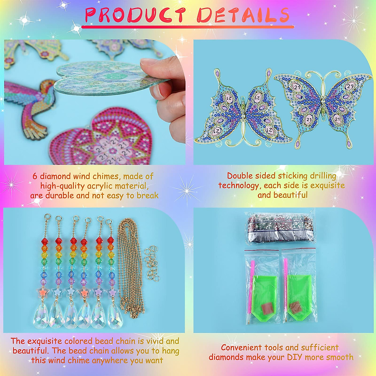 6 Pcs Diamond Painting Suncatcher Wind Chime Double Sided Diamond Painting Hanging Ornament 5D Crystal Butterfly Heart Hummingbird Suncatcher for Kids Adults Home Garden Art DIY Craft (Elegant Style)