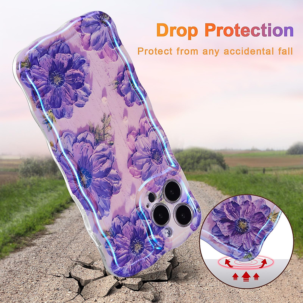 EYZUTAK Case for iPhone 13 Pro Max, Colorful Retro Oil Painting Printed Flower Laser Glossy Pattern Cute Curly Wave Edge Exquisite Phone Cover Stylish Durable TPU Protective Case for Girl Women-Purple