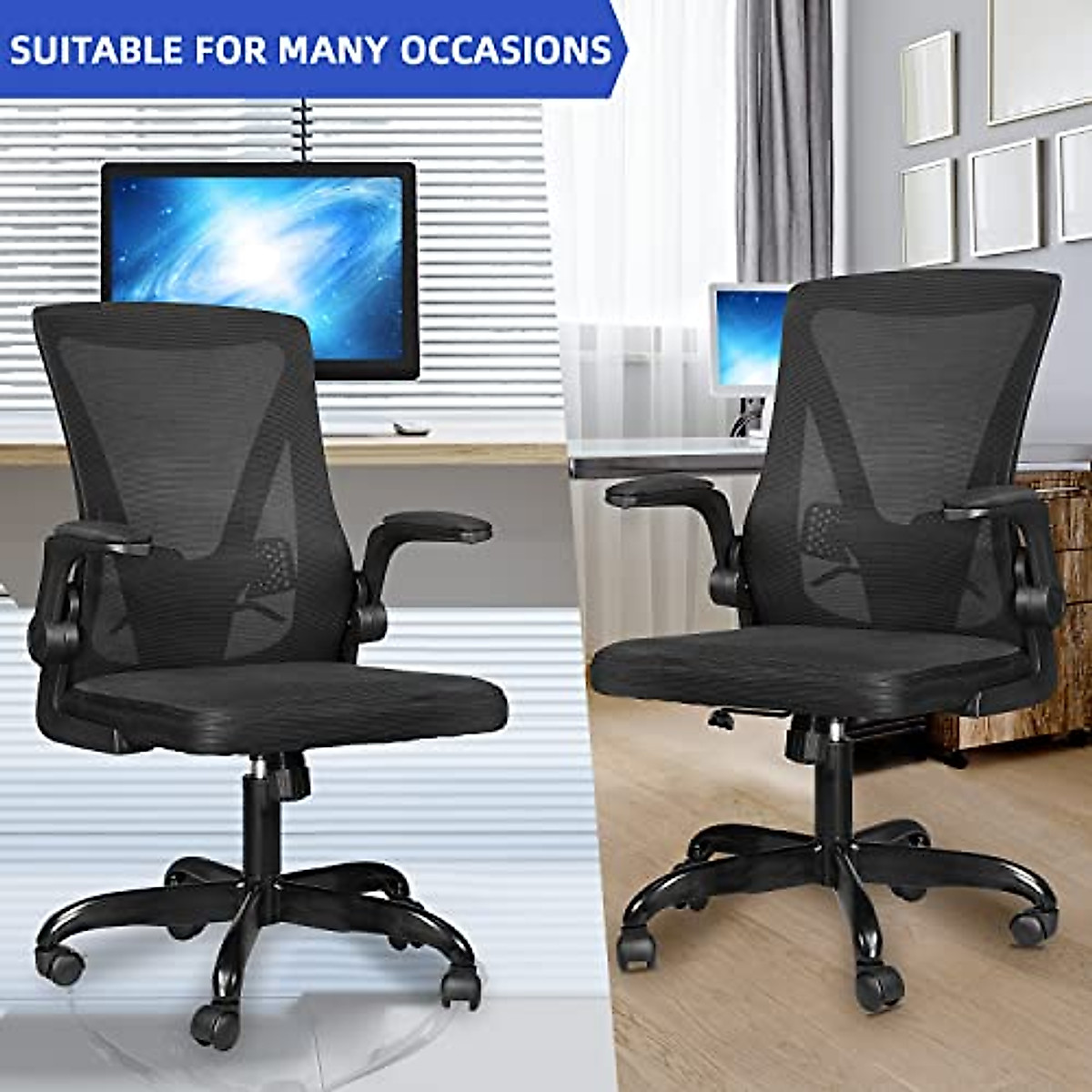 MUZII Ergonomic Office Chair, Computer Desk Chair Swivel Task Chair with Flip-up Arms and Adjustable Lumbar Support, Black
