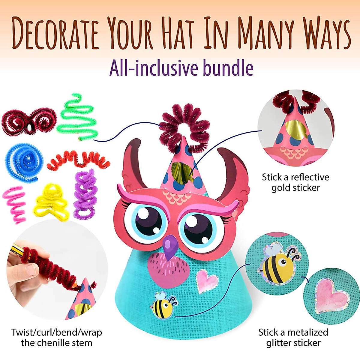 Woodland Themed Christmas Party Hats Making Kit c/w Chenille Stems & Stickers. Group Activities, DIY Art Craft Home Project. Birthday, Easter & Fiesta Decoration for Kid