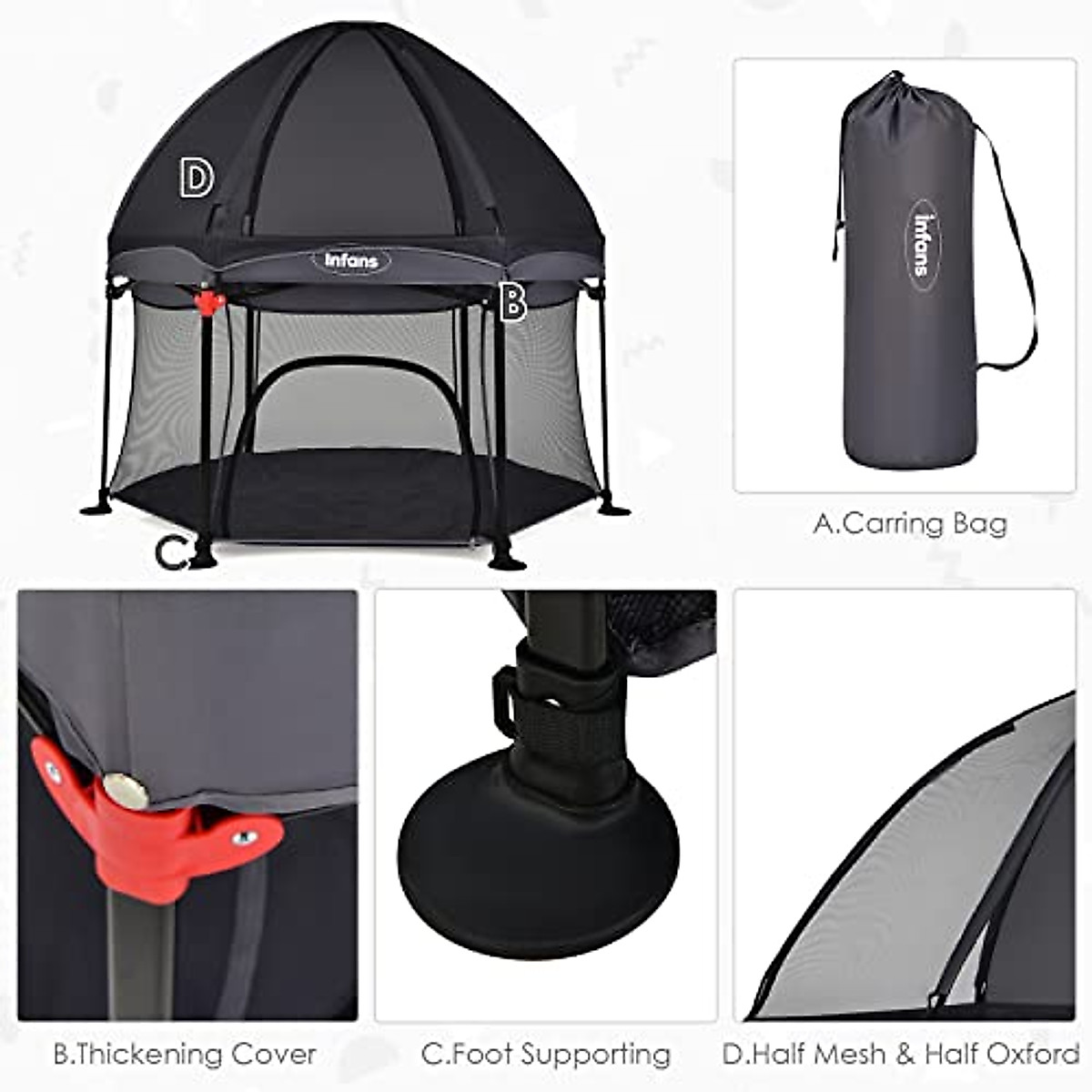 INFANS Baby Playpen with Removable Mesh & UV Canopy, 53" Portable Playhouse with Carry Bag, Dome, Padded Floor, Easy Folding Playard Activity Center (Dark Grey)