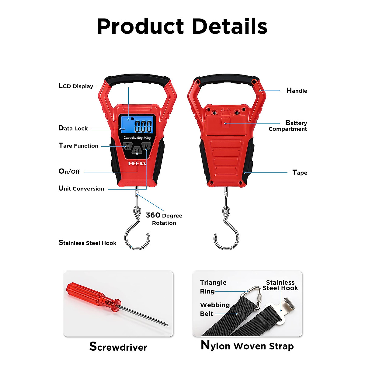 HEETA Waterproof Fish Scale Digital with Backlit LCD Display, 110lb/50kg Portable Hanging Scale Fishing Scale for Home and Outdoor, Measuring Tape and 2 AAA Batteries Included (Red)
