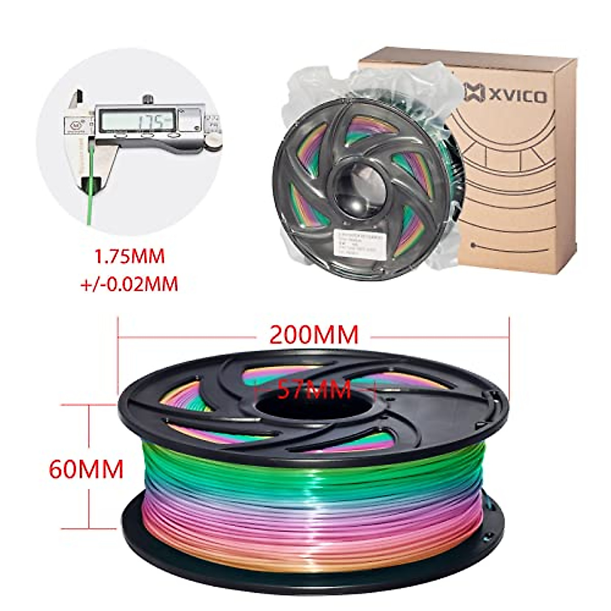 PLA Filament 1.75mm 3D Printer Filament Rainbow PLA Multicolor Filament 1kg 3D Printing Filament Gradient Spool Gradual Color Change 2.2lbs Accuracy +/- 0.02mm XVICO