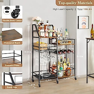 VINAEMO Rolling Bar Cart with Wine Glass Holder, Bar Carts for the Home, Bar Stand for Home, Small Mini Bar for Whiskey Wine, Liquor Cart for Home Bar, Alcohol Cabinet for Bar, Kitchen, Dining Room