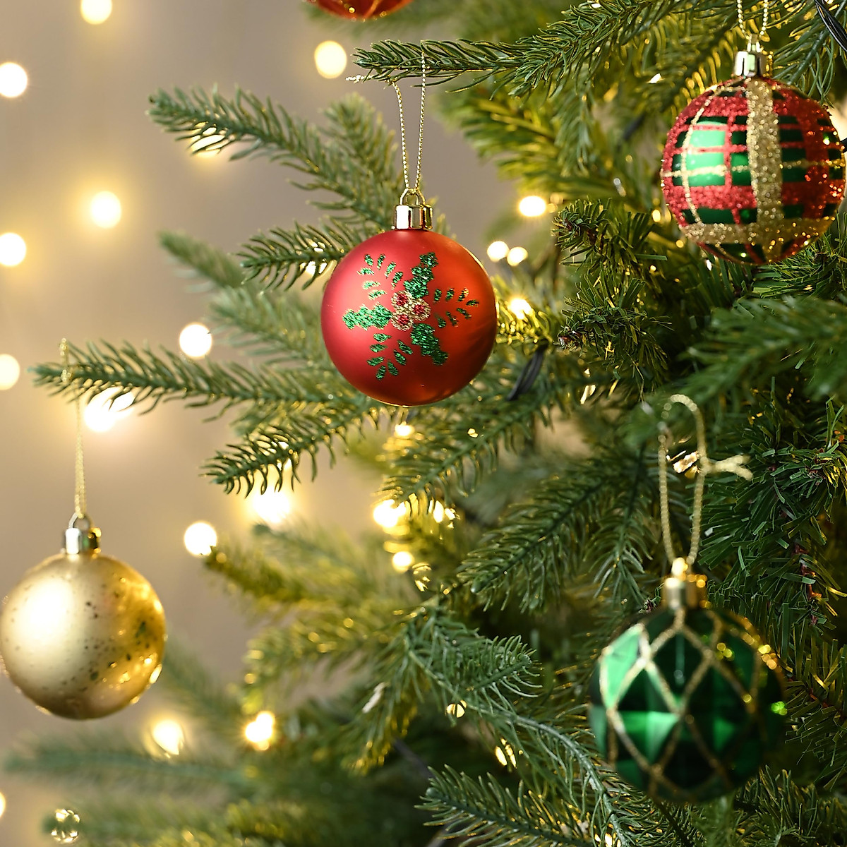 Valery Madelyn Christmas Ornaments Set, 30ct Red Green and Gold Shatterproof Christmas Tree Decorations Ball Ornaments Bulk, 2.36 Inches Traditional Country Hanging Ornaments for Xmas Trees Decor