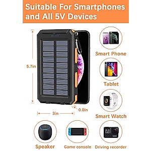 Solar Charger 20000mAh Power Bank Portable Solar Phone Charger, Camping Waterproof External Battery Charger for Cell Phone, 2 USB/LED Flashlight with Compass for Outdoor Activities