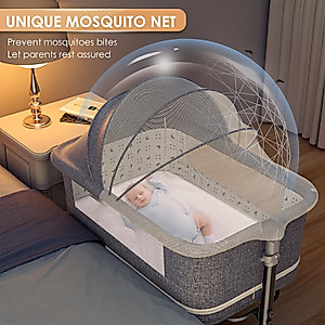 Ixdregan 3 in 1 Baby Bassinet - Baby Bedside Bassinet with Wheels and Mosquito Net, Included Storage Bag & Adjustable Height, Upgrade Thickened Cushion Baby Bedside Crib for Newborn Infant (Grey)