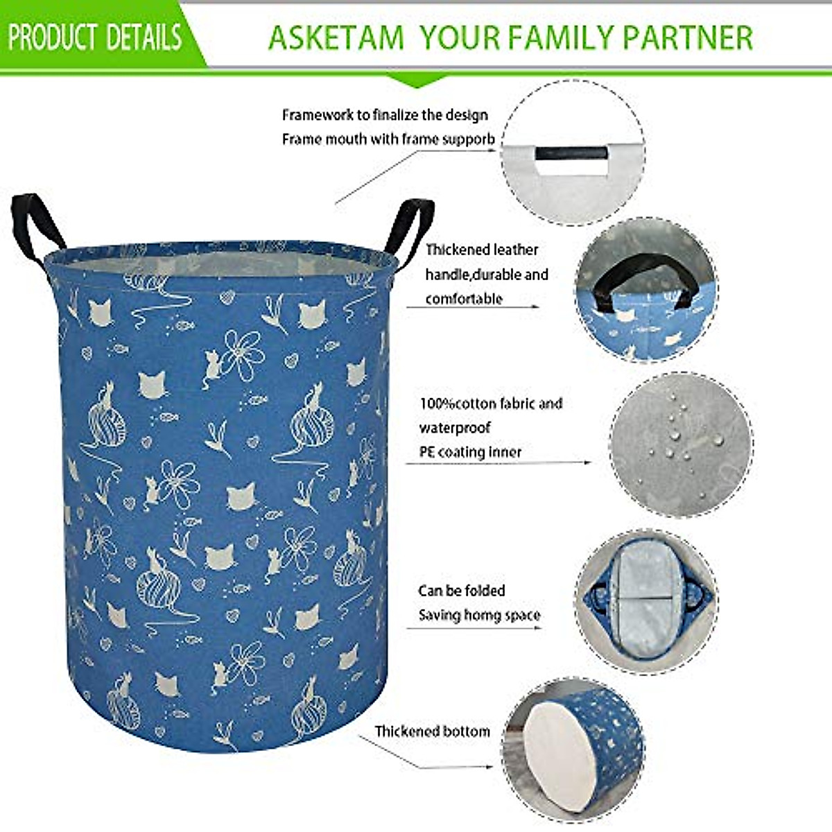 ASKETAM Fabric Laundry Basket Canvas Laundry Hamper for Dirty Clothes Toy Organizer Kid Nursery Room Decor Basket (Blue cat)