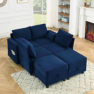 kevinplus 112.6" Modular Sectional Sofa Couch with Storage for Living Room, Modern Contemporary 4-Seat U-Shape Sofa Couch 2 Reversible Ottoman for Apartment, Corduroy Velvet, Navy Blue (2 Ottoman)