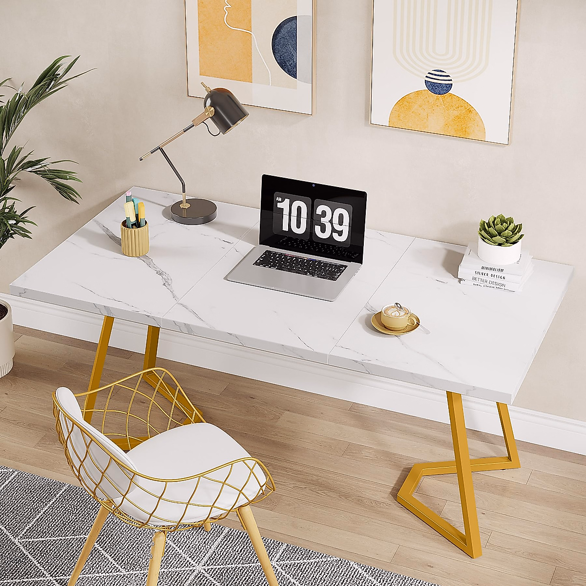 Tribesigns Modern Gold Computer Desk: 55 Inches White and Gold Home Office Desk with Metal Legs, Faux Marble Study Writing Table for Small Spaces, Simple Desk for Bedroom