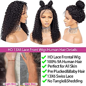 SYHGK 13x6 Deep Wave Lace Front Wigs Human Hair Wigs HD Transparent Deep Curly Lace Frontal Glueless Wigs Human Hair Lace Front Wigs Pre Plucked 150% Density Natural Black 24 Inch