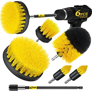 Holikme 4Pack Drill Brush Power Scrubber Cleaning Brush Extended Long Attachment Set All Purpose Drill Scrub Brushes Kit for Grout, Floor, Tub, Shower, Tile, Bathroom and Kitchen Surface，Yellow