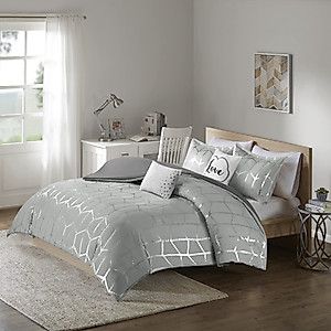 Intelligent Design Raina Duvet Set Metallic Print Geometric Style Embroidered Toss Pillows Modern Trendy All Season Comforter Cover Bedding-Set with Matching Sham, Full/Queen, Grey/Silver 5 Piece