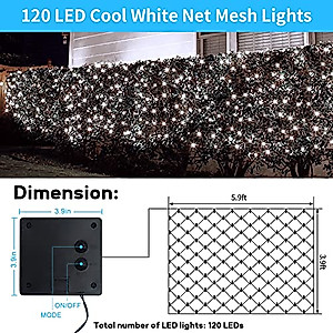 echosari Solar Powered 120 LED Net Mesh String Lights with IP65 Waterproof & 8 Modes, 5.9Ft x 3.9Ft Dark Green Cable Fairy Icicle String Lights for Fence/Garden/Wedding Party (Cool White)