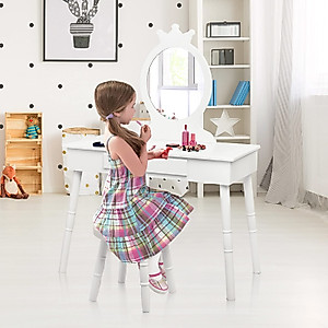 HOMGX Kids Vanity Set, Princess Beauty Dressing Wooden Table and Chair Vanity Set, Little Girls Pretend Makeup Play Set with Crown Mirror & Cushioned Stool, Children’s Room Furniture (White)