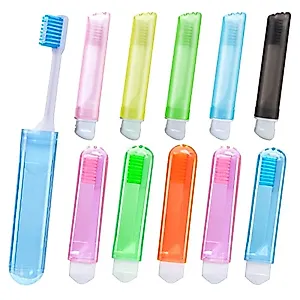 Fengek 10 Pieces Travel Toothbrush Kit, Mini Folding Toothbrushes with Case Portable Camping Toothbrush for Adults Travel, Hiking, Business Trip, 2 Styles 9 Colors
