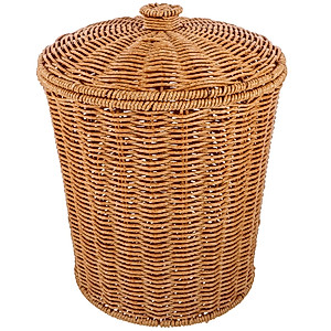 ABOOFAN Wicker Trash Can with Lid Bedroom Bathroom Trash Can Boho Woven Wicker Waste Basket Office Garbage Cans Rattan Storage Basket for Under Desk Dirty Clothes Container Flower Arrangement