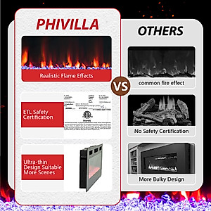 PHI VILLA 50" Electric Fireplace Wall Mounted & Recessed, 3.86" Ultra-Thin Linear Fireplace 750/1500W with Remote Control, Fit for 2 x 4 6 Stud, Low Noise, Timer, Adjustable Flame Color & Speed