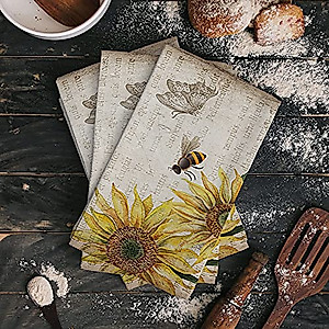 Dish Towels for Drying Dishes Kitchen Towels with Hanging Loop,Retro Farmhouse Sunflowers and Honey Bee Vintage Background Dishcloths for Kitchen Cleaning Wipe, 18 x 28 Inches