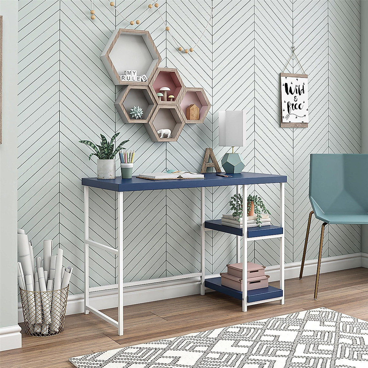 REALROOMS Kimberly Desk with Reversible Shelves, Navy