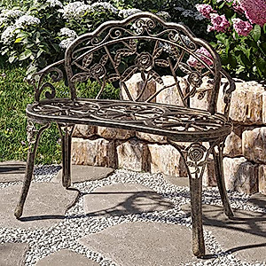 BELLEZE Outdoor Bench, Patio Outdoor Garden Bench Cast Aluminum Metal Loveseat Chairs for Park, Yard, Porch, Lawn, Balcony, Backyard, Antique Floral Rose Accent Seat Furniture, Bronze
