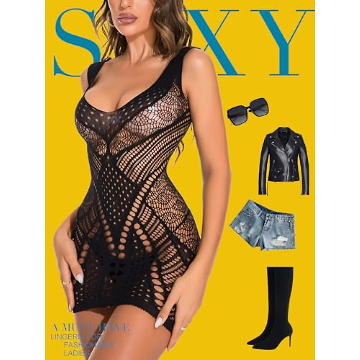 SeaFever Sexy Lingerie for Women Fishnet See Through Bodysuit One Piece V-Neck Mini Dress Intimates Sex Clearance Strapless Mesh Chemise Babydoll (Black)