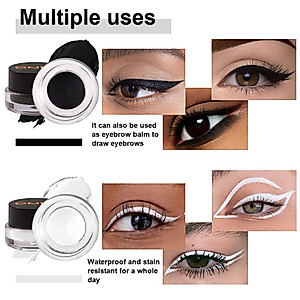 evpct 2 in 1 White & Black Gel Eye Liner Waterproof Smudge Proof for Waterline White Liquid Eyeliner Pen Pencil Cream Eyebrow Pomade Set with Brushes Work Great with Eyeliner Face Body Paint Stick