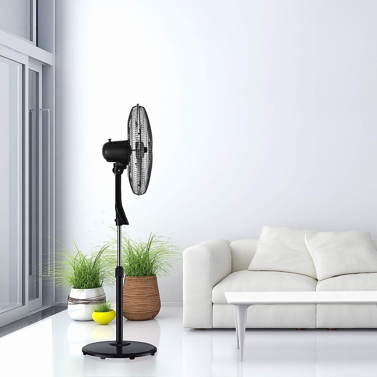 PELONIS 18" Quiet Oscillating Pedestal Fan with LED Display, Remote Control, 3 Speeds and Modes, 7.5h Programmed Timer for Home and Office, Glossy Black