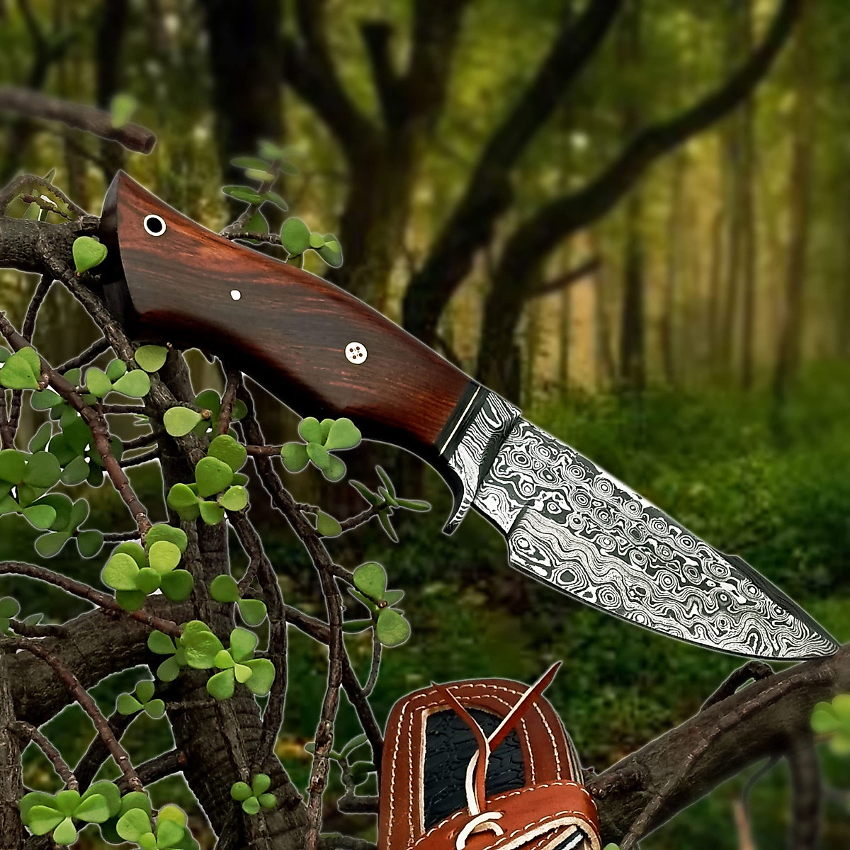 Handmade Hunting Knife Bushcraft Fixed Blade Knife Damascus Steel Survival Knife Fix Blade Knife Camping Knife EDC 10'' Overall Rose Wood With Leather Sheath