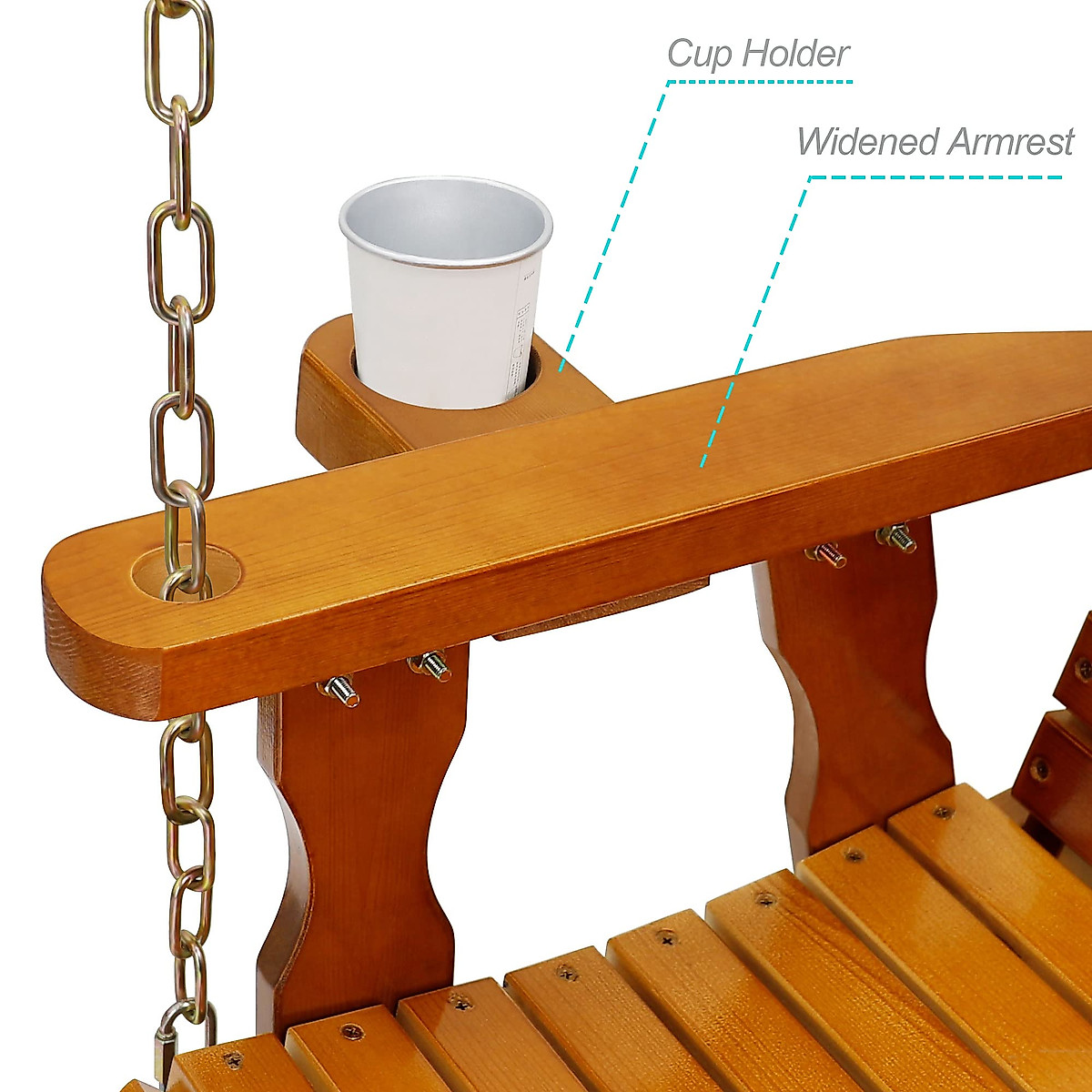 4FT Wooden Porch Swing w/Cupholders,Heavy Duty 800LBS Outdoor Swing Bench w/Chains,Patio Roll Back Swing Chair Bench,Front Porch 2-Person Hanging Bench,for Garden Courtyard Lawn & Balcony Backyard