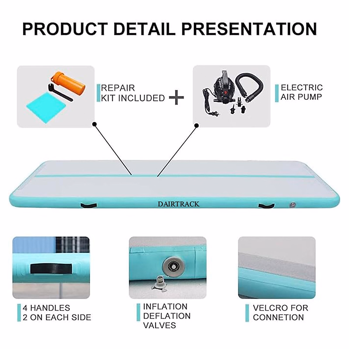 DAIRTRACK Air Tumbling Mat,Tumble Track 10ft/13ft/16ft/20ft Inflatable Gymnastics Air Mat for Gymnastics Training/Home Use/Gym/Cheerleading/Yoga/Water